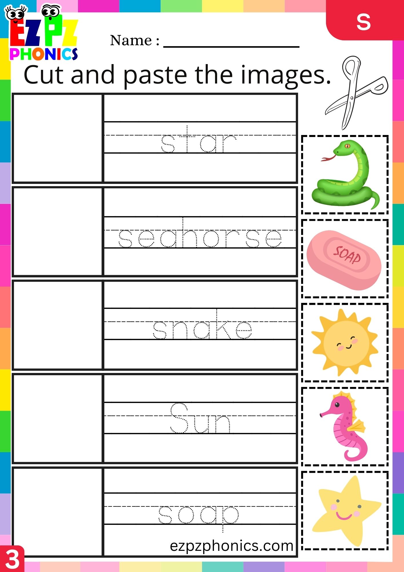 Letter s Cut and Paste the Images and Write the Words Group 3 - ezpzphonics.com